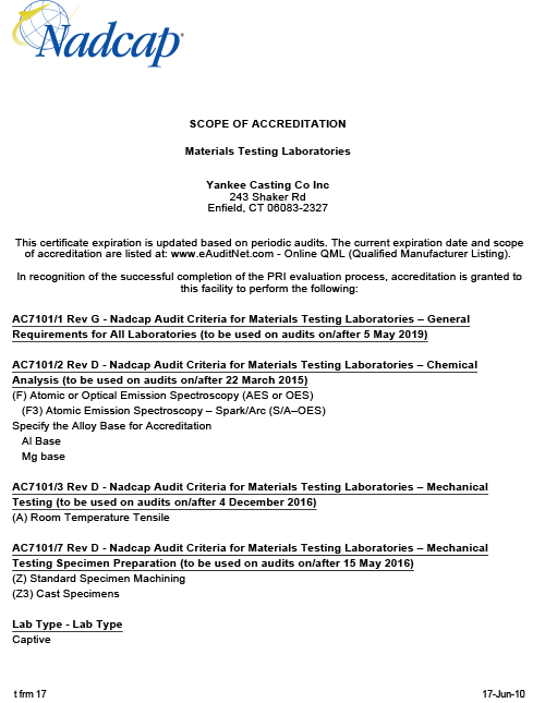 Yankee Casting - Nadcap Certification