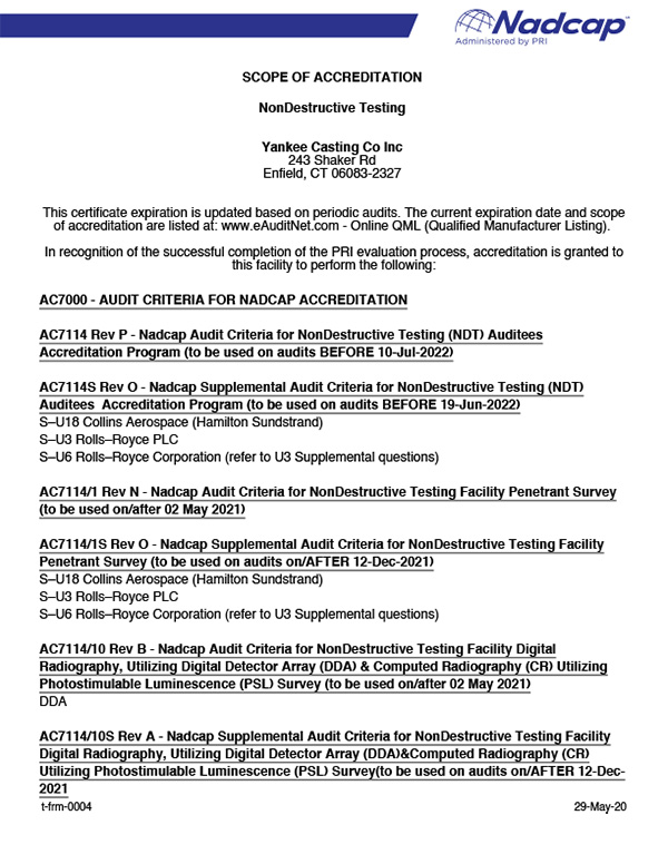Yankee Casting - Nadcap Certification